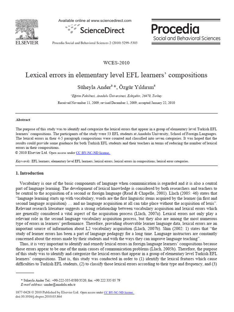 Lexical Errors in Elementry Level | PDF | English As A Second Or Foreign Language | Second Language