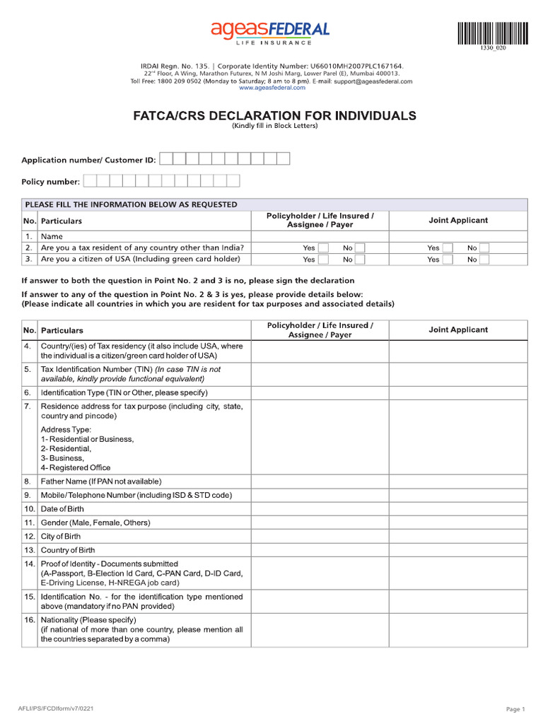 Application For FATCA CRS Declaration For Individuals 81337efd70 | PDF