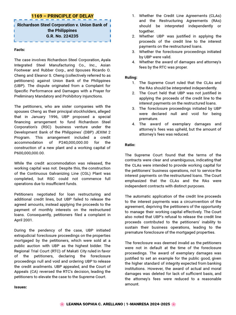 Oblicon - 1169 Case Digest - Richardson Steel V Unionbank | PDF ...