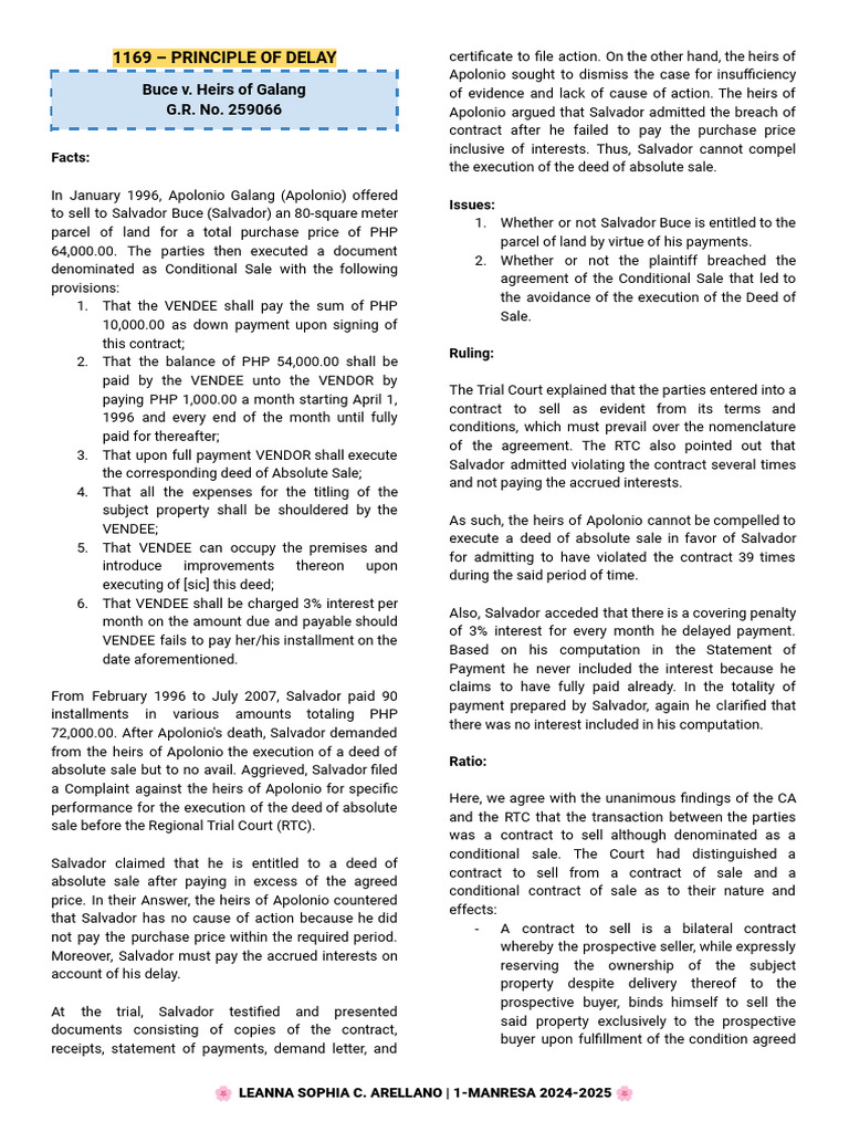 Oblicon - 1169 Case Digest - Buce V Heirs of Galang | PDF | Payments ...