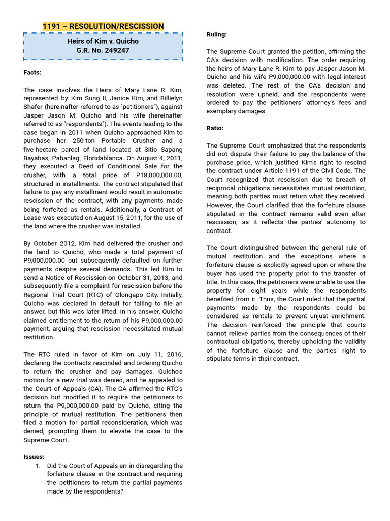 Oblicon - 1191 Case Digest - Heirs of Kim V Quicho | PDF | Private Law | Common Law