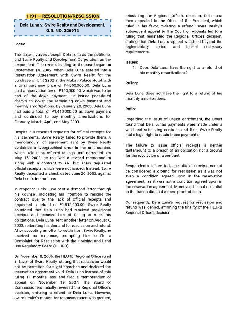 Oblicon - 1191 Case Digest - Dela Luna v. Swire Realty | PDF | Private ...