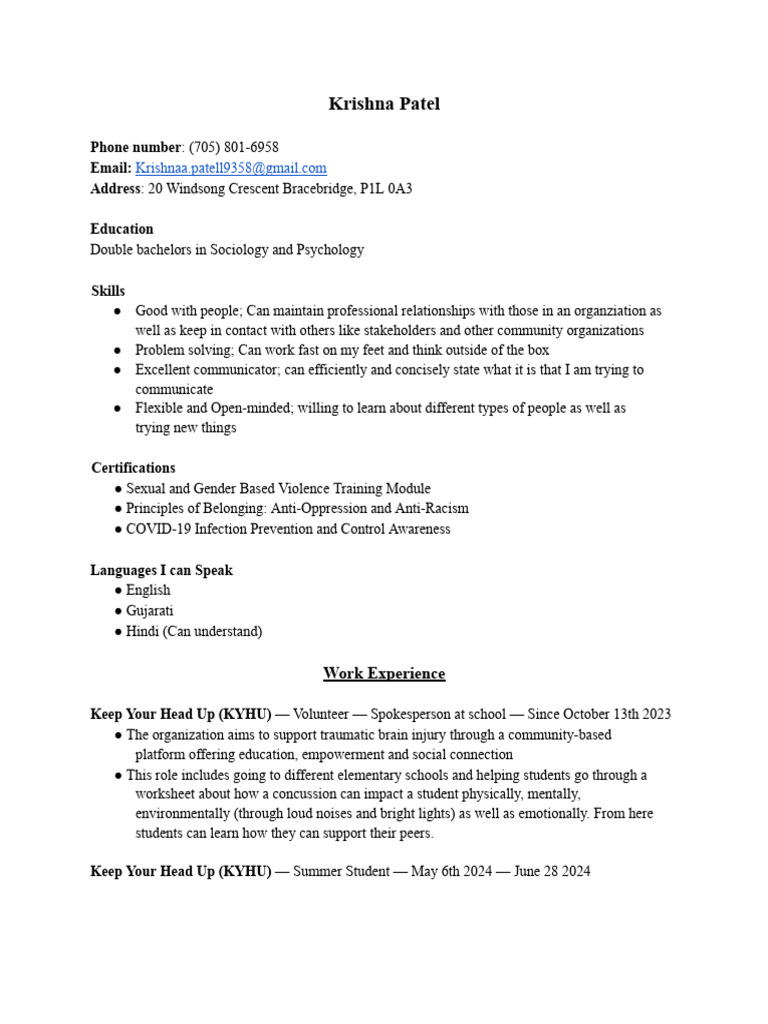 Krishna Patel's Resume | PDF | Psychology