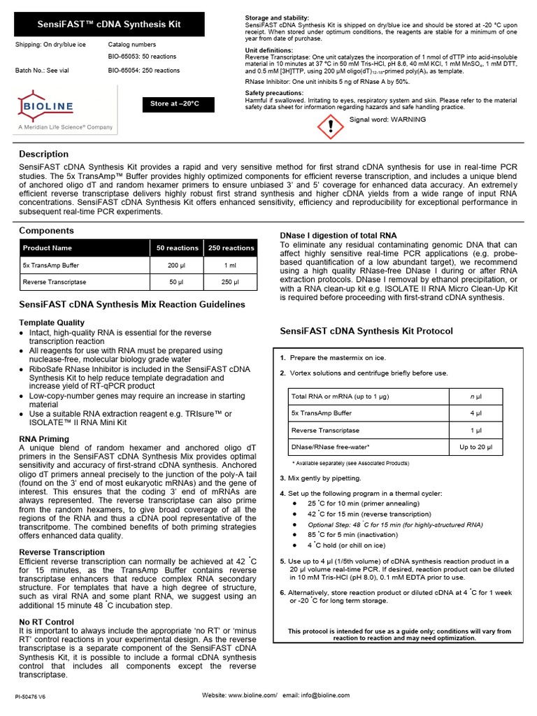 Sensifast Cdna Synthesis Kit Product Manual-Probiotek | PDF | Complementary Dna | Reverse ...