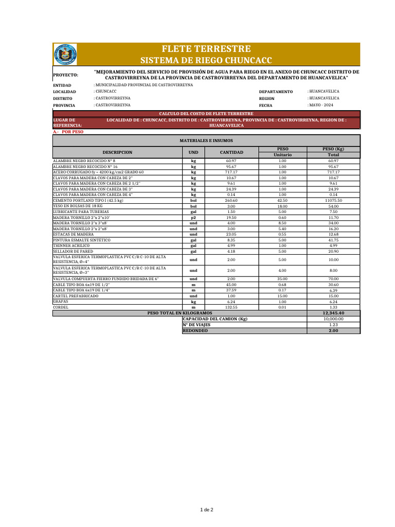 05.03.01. Cálculo de Flete Terrestre OK!!! | PDF | Plomería | Materiales de construcción