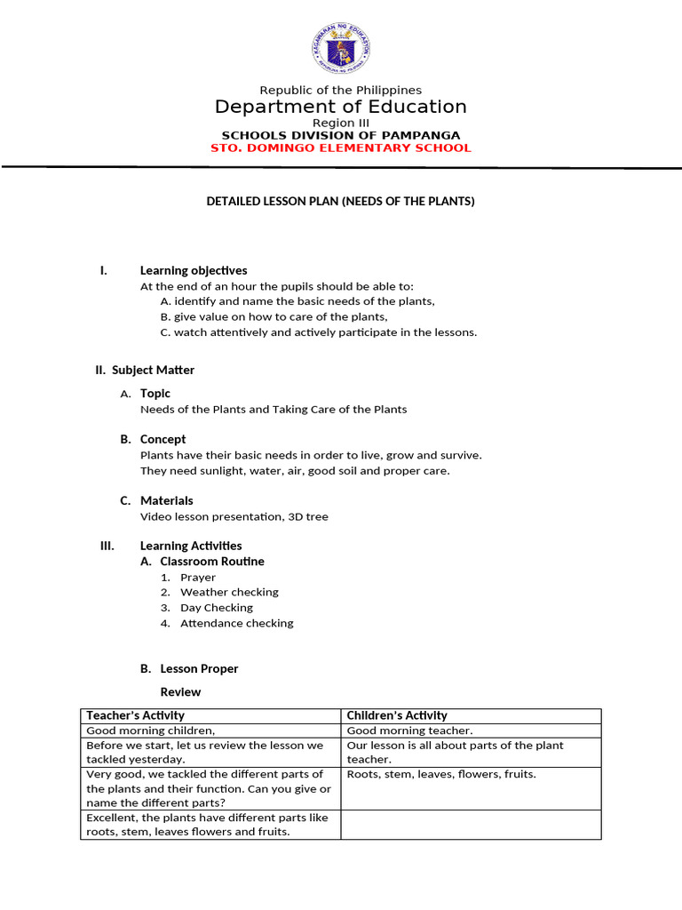 detailed-lesson-plan-needs-of-plants | PDF | Plants | Soil