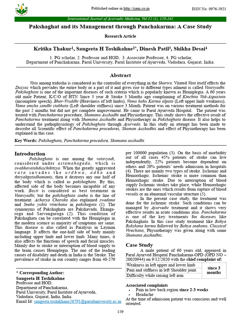 Pakshaghat and Its Management Through Panchakarma | PDF | Ayurveda | Stroke