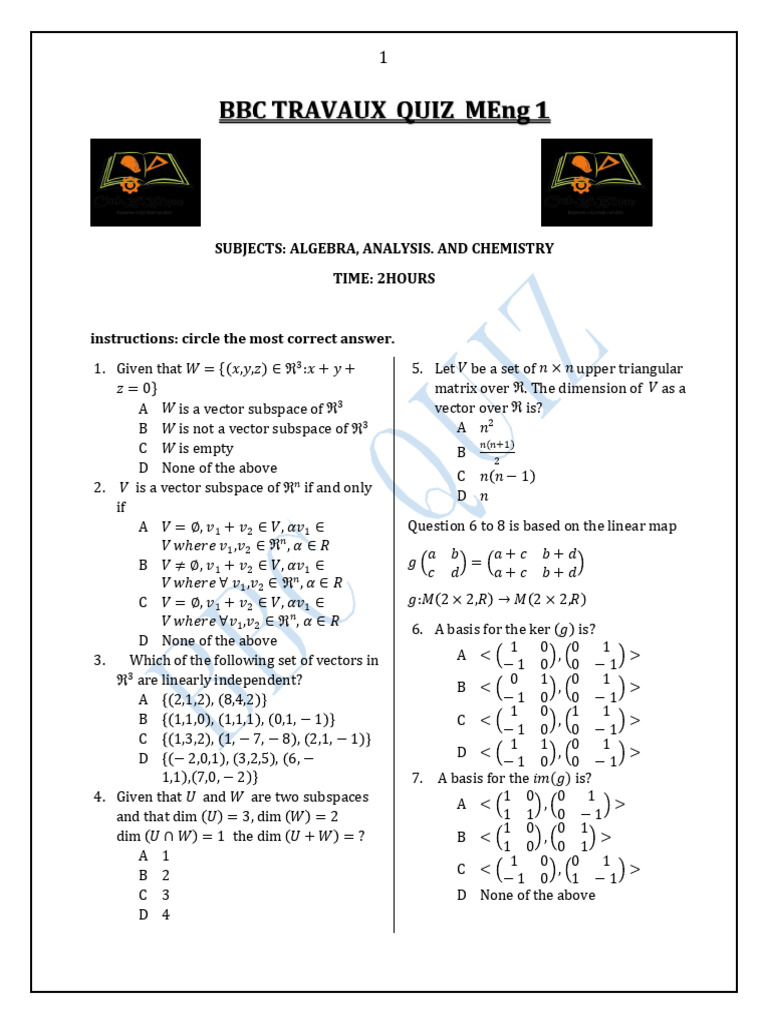 BBC QUIZ MENG 1 | PDF | Matrix (Mathematics) | Eigenvalues And Eigenvectors