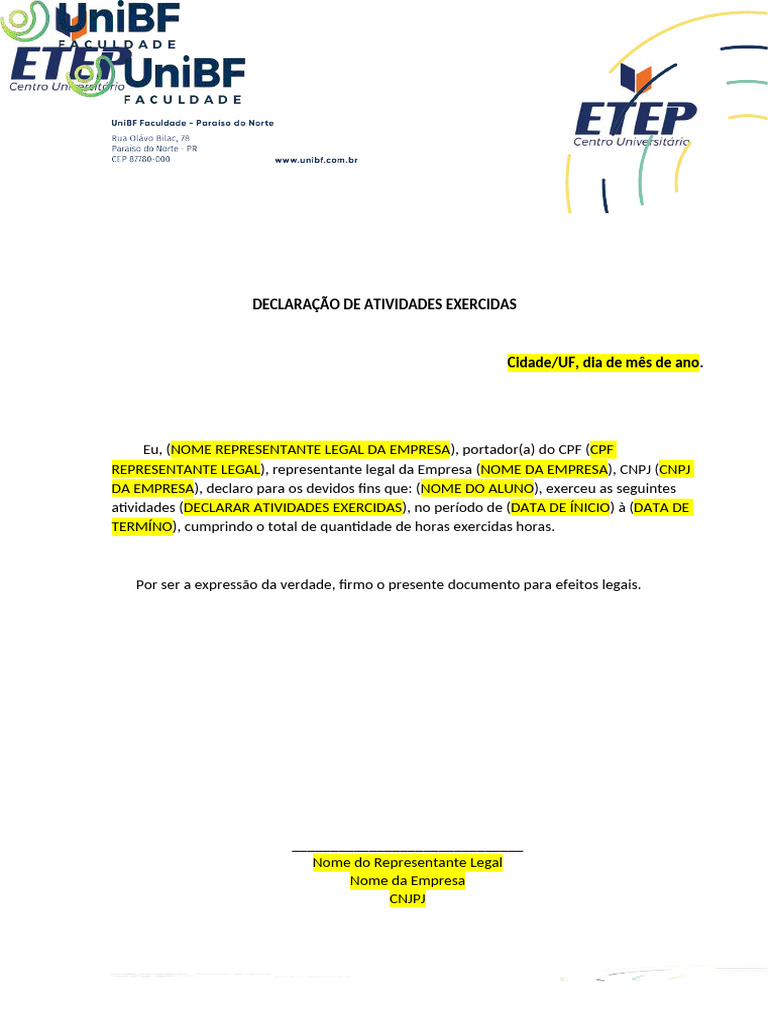 DECLARACAO DE ATIVIDADES EXERCIDAS - ETEP - (Campo Editaveis) (1) ... Warn | PDF