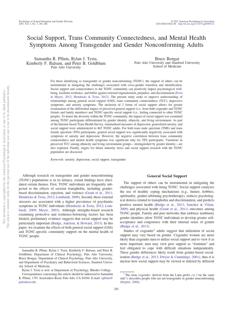 Social Support, Trans Community Connectedness, and Mental Health ...