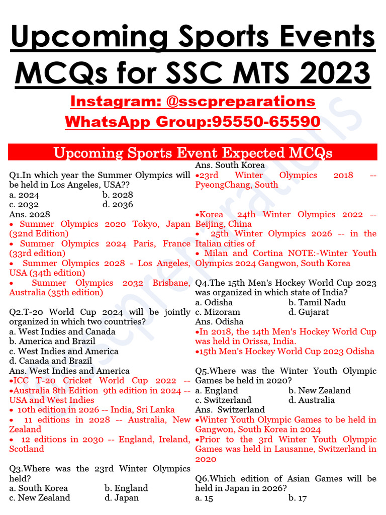 Upcoming Sports Events MCQs 2023 | PDF | Fifa World Cup | Sports