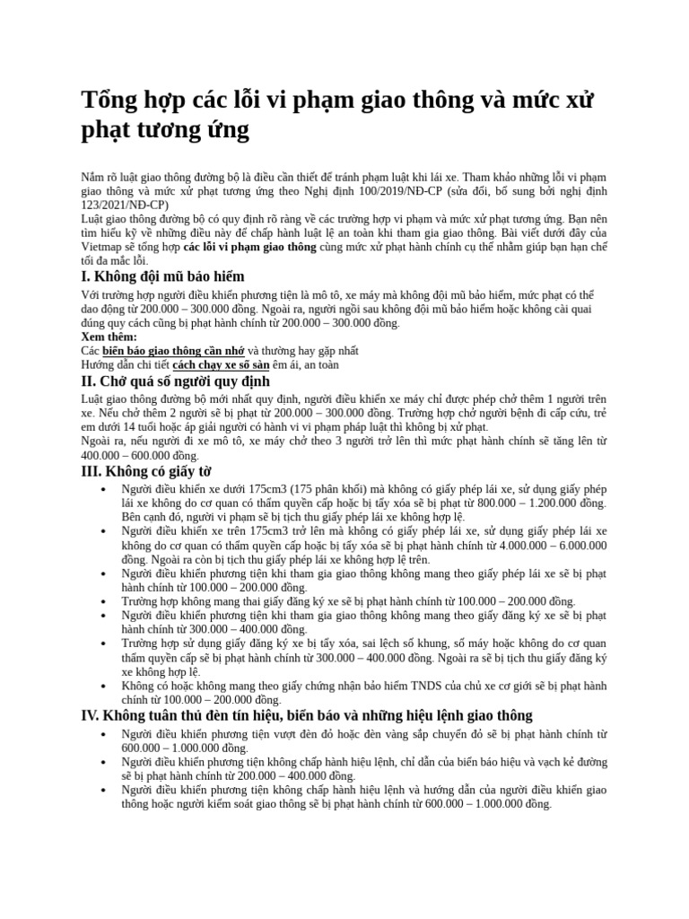 T NG H P Các L I VI PH M Giao Thông Và M C X PH T Tương NG | PDF