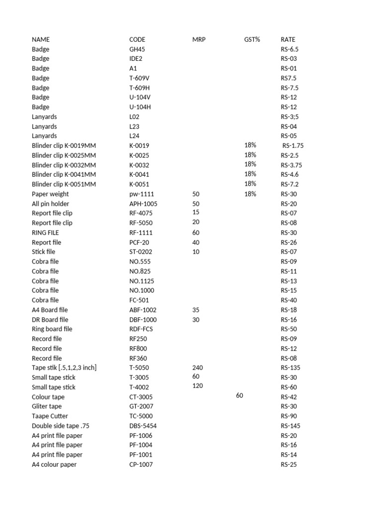 Item - Rate List (Autorecovered) | PDF | Printing | Office Equipment