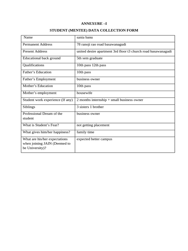 ANNEXURE 1- Mentee Data Collection | PDF