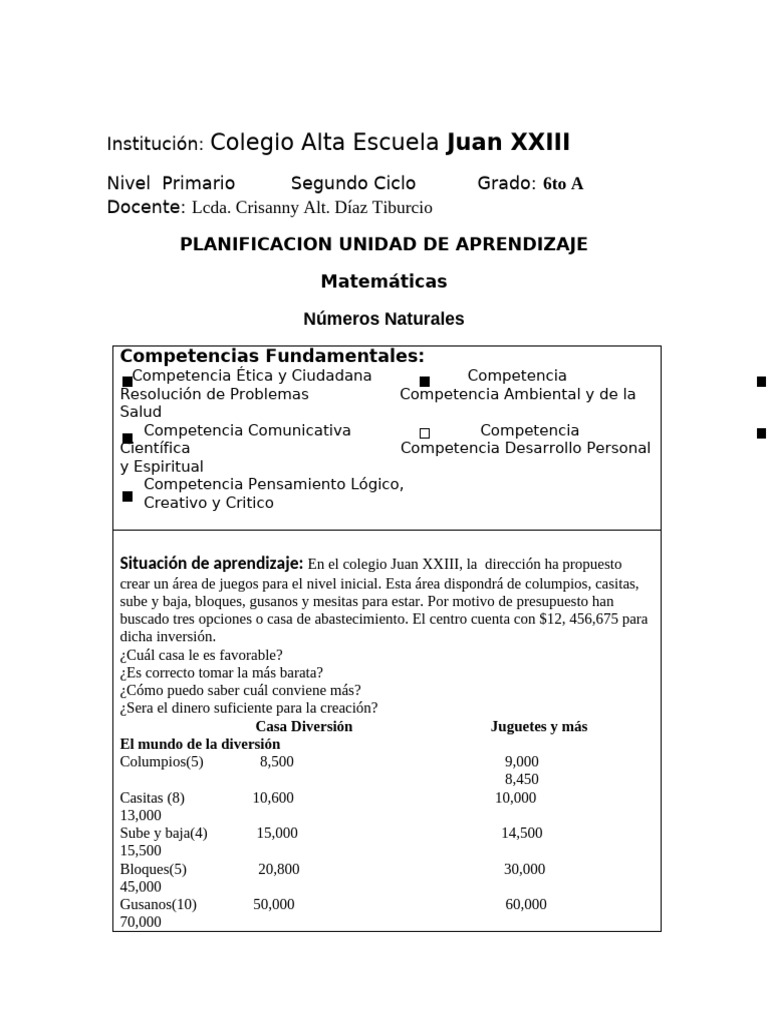 Planificación Matemáticas 6to Grado | PDF | Exponenciación | Números