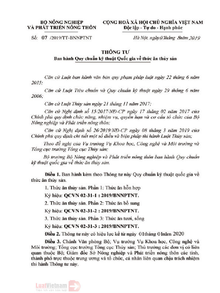 Thong Tu 07 2019 TT BNNPTNT Quy Chuan Ky Thuat Quoc Gia Ve Thuc An Thuy San | PDF