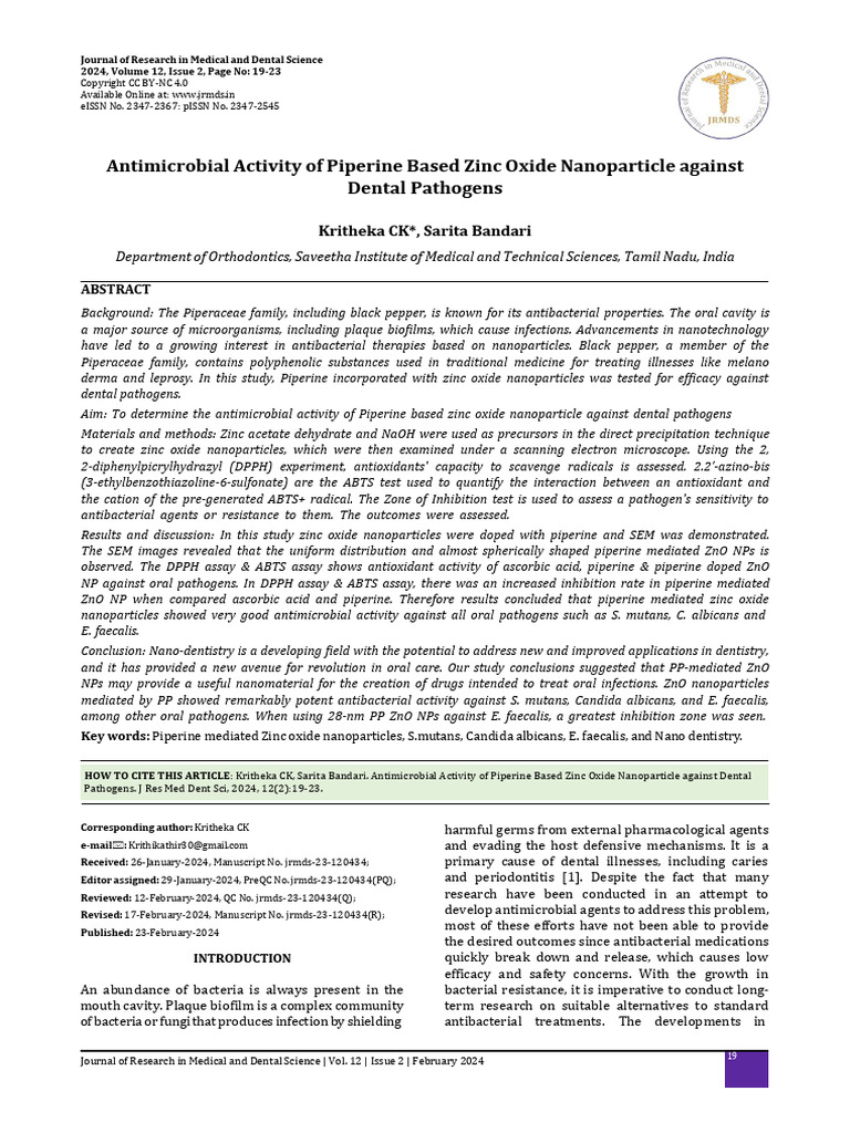 Antimicrobial Activity of Piperine Based Zinc Oxide Nanoparticle ...