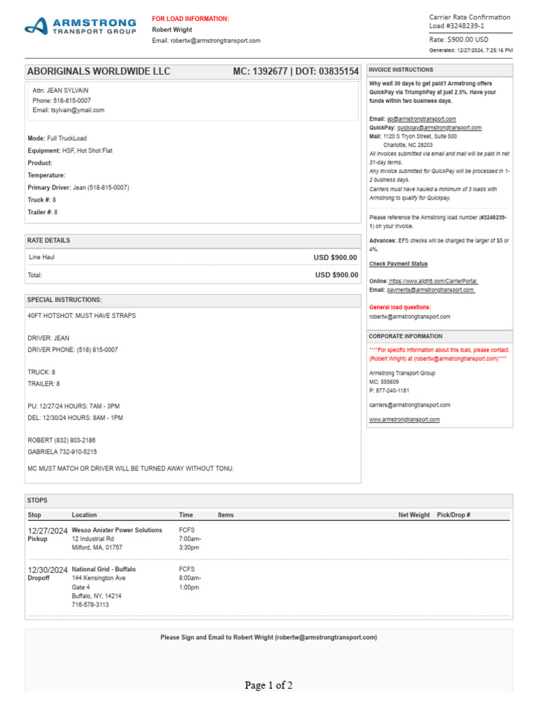 Carrier Rate Confirmation for MC 555609 | PDF | Cargo