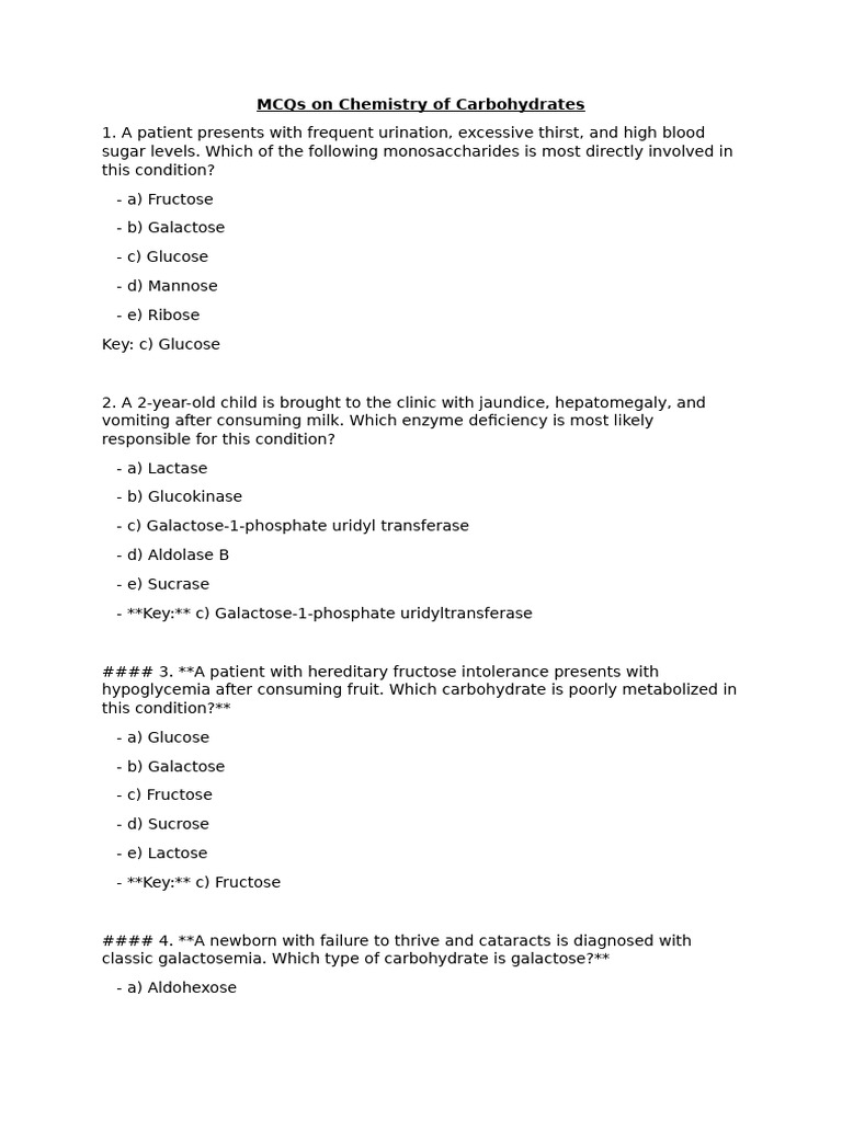 MCQs On Chemistry of Carbohydrates | PDF | Carbohydrates | Glucose