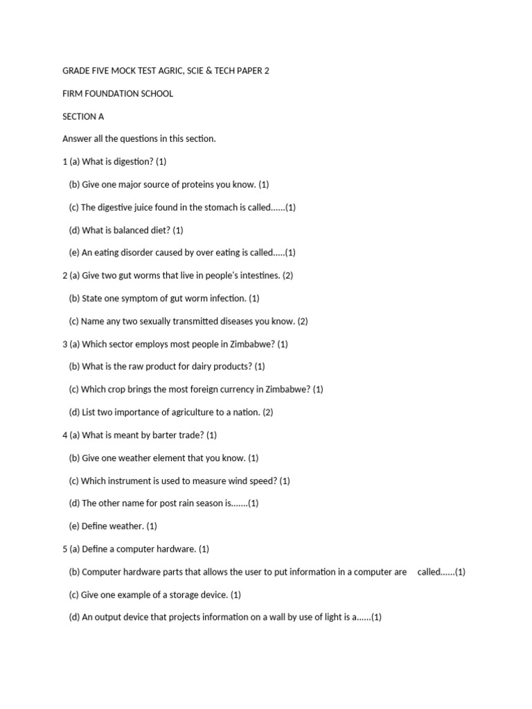 Grade 5 Mock Test: Agric, Science & Tech | PDF | Soil | Photovoltaics
