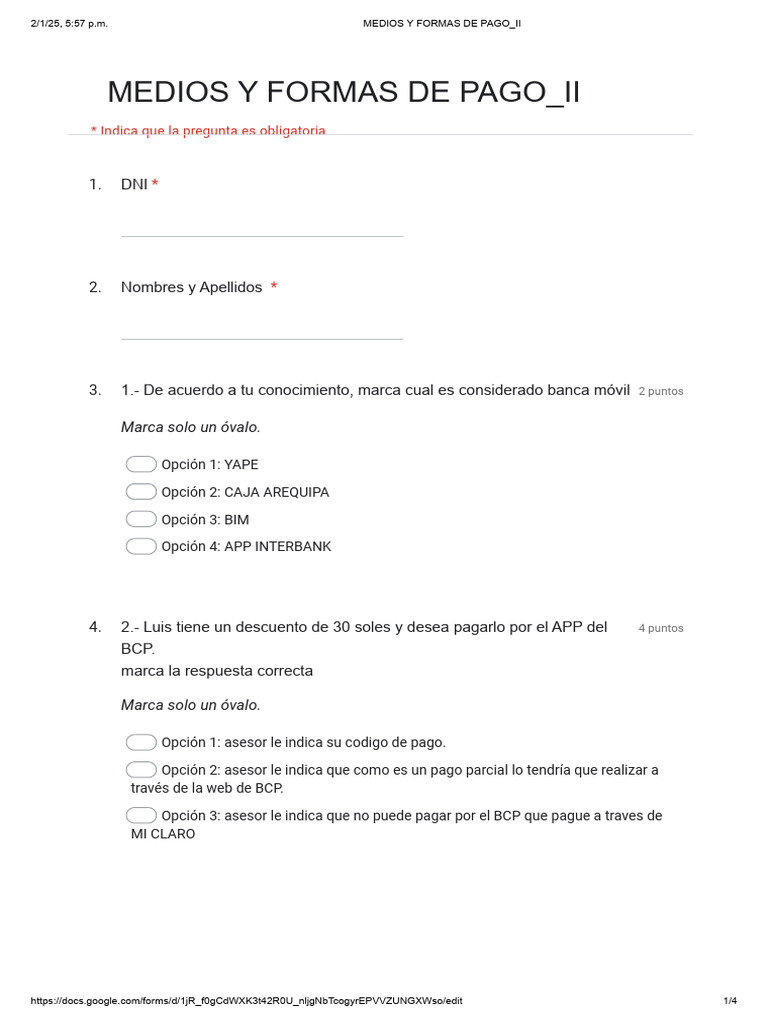 MEDIOS Y FORMAS DE PAGO - II - Formularios de Google | PDF