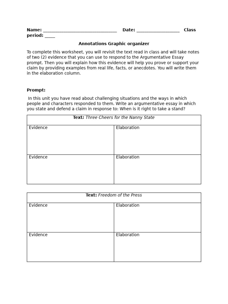 Annotations Graphic Organizer Argumentative Writing Task Unit | PDF