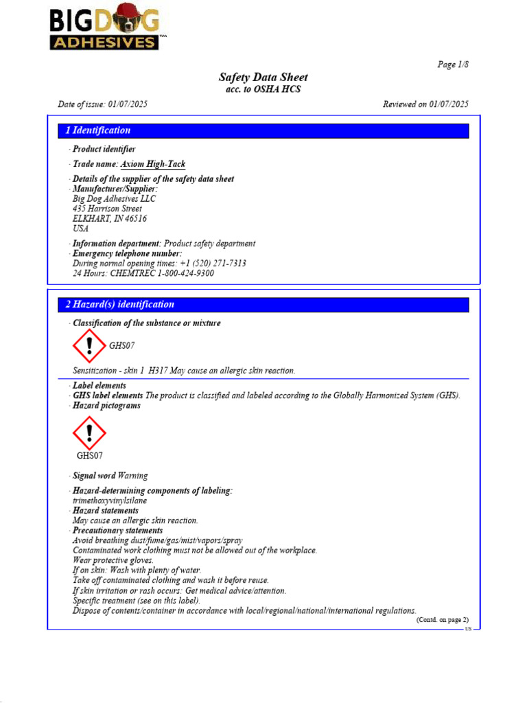 Axiom High-Tack Safety Data Sheet | PDF | Dangerous Goods ...