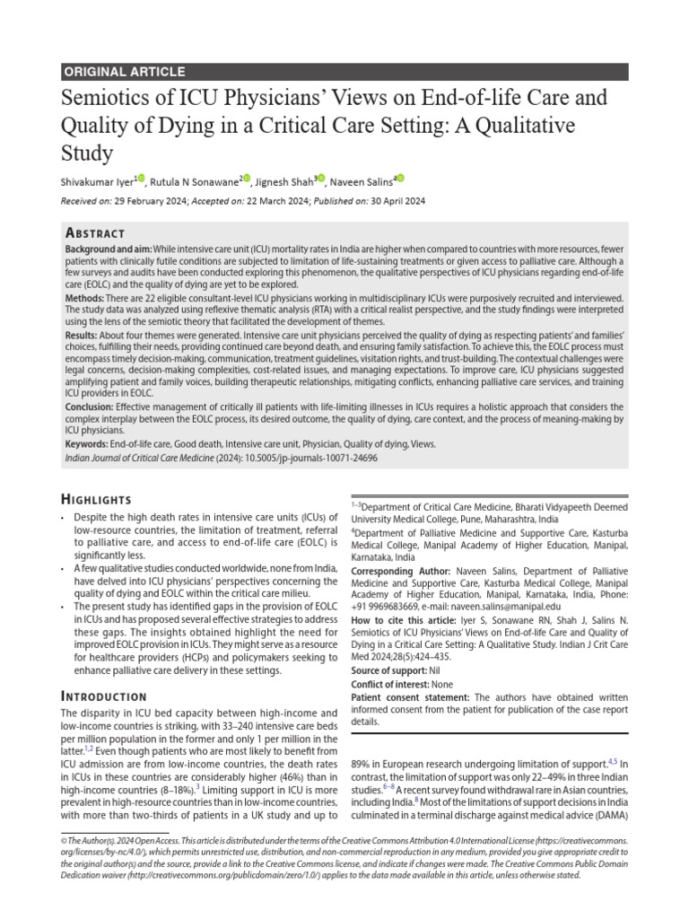 ICU Physicians' Perspectives on EOL Care | PDF | End Of Life Care ...