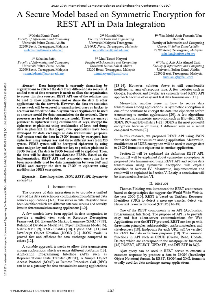 A Secure Model Based On Symmetric Encryption For Rest Api In Data Integration Pdf Encryption