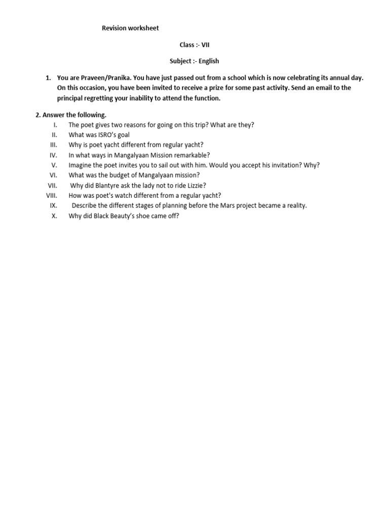 Revision Worksheet for Class Vii | PDF