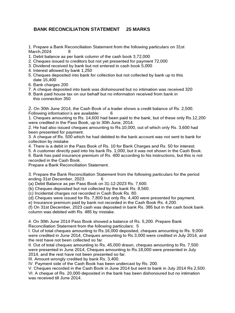 Bank Reconciliation Statement Test | PDF | Banks | Cheque
