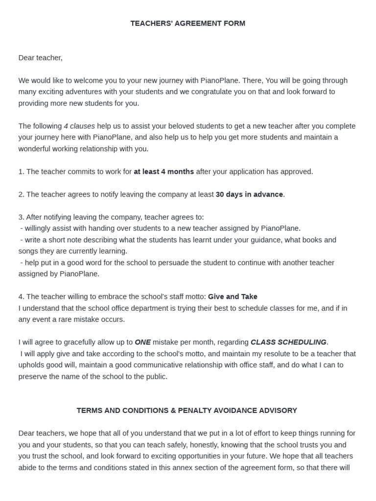 PianoPlane Teacher Agreement Form | PDF | Justice | Crime & Violence