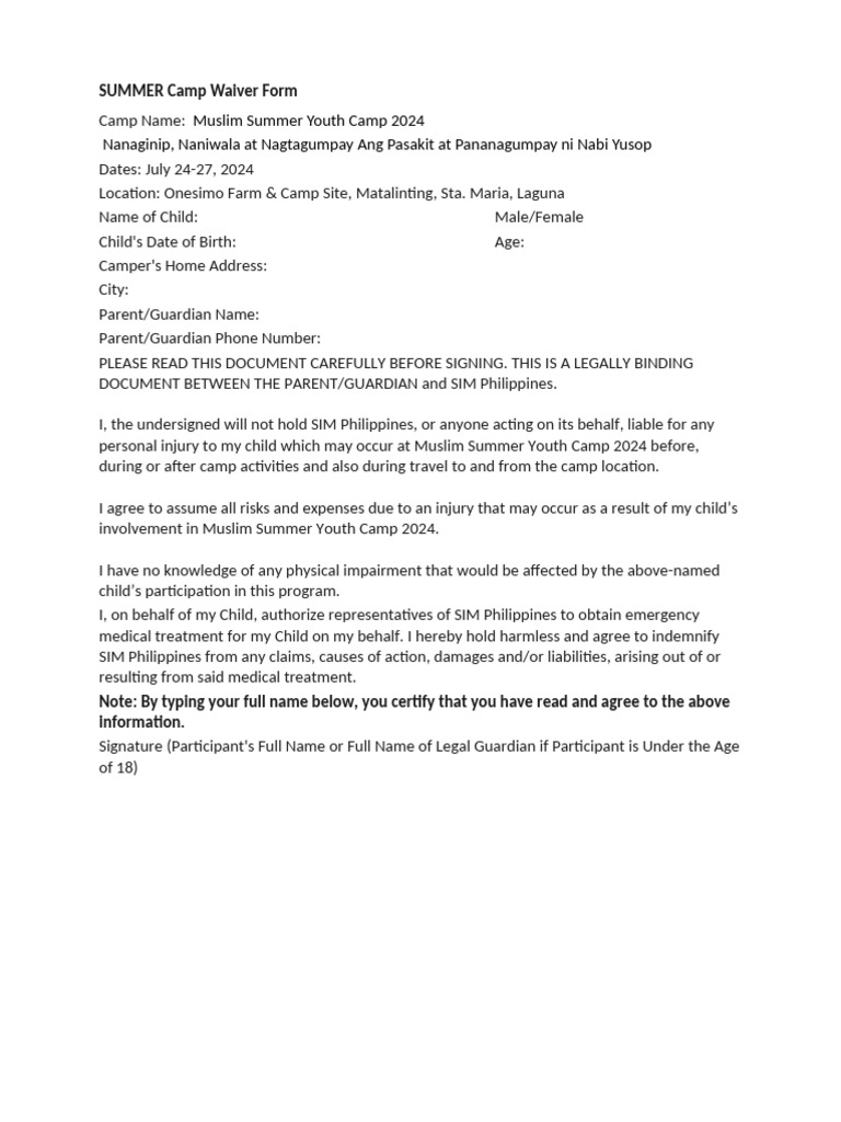 SUMMER Camp Waiver Form | PDF