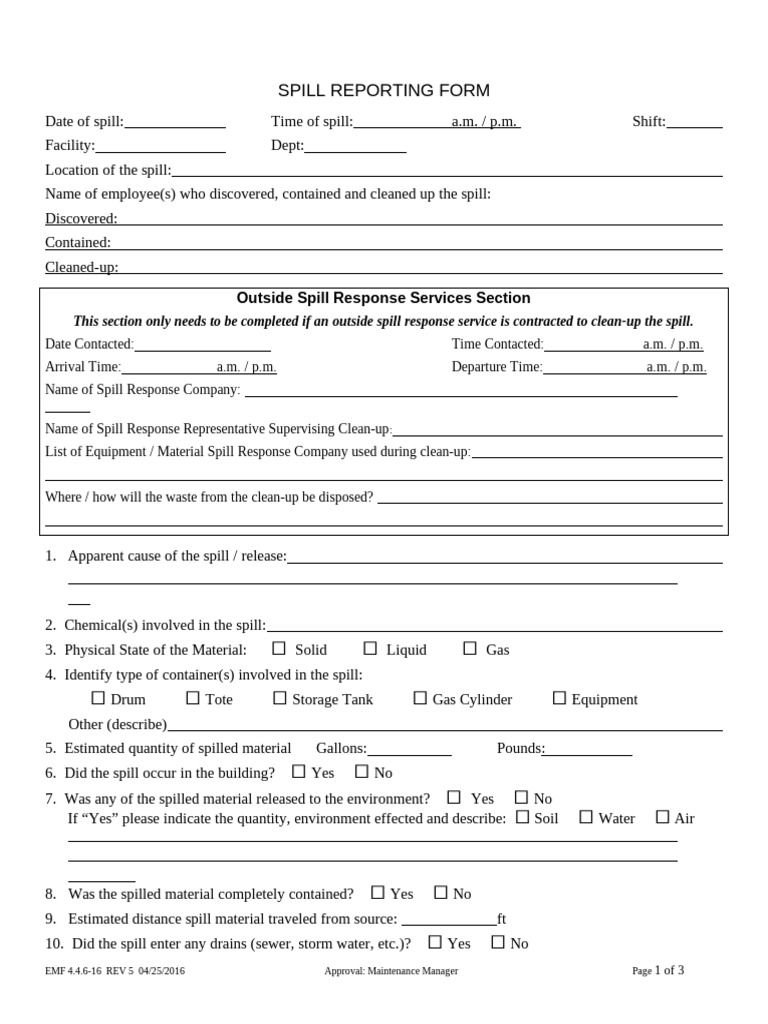 Spill Reporting Form Template | PDF | Waste