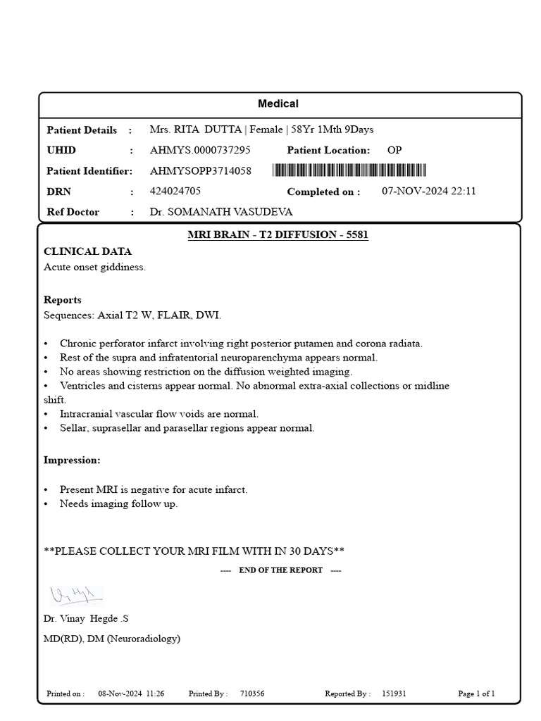 MRI Brain Report for Patient | PDF