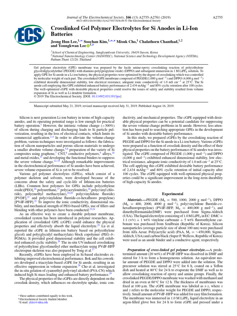 Crosslinked GPE For Si Anodes in LIBs | PDF | Lithium Ion Battery ...