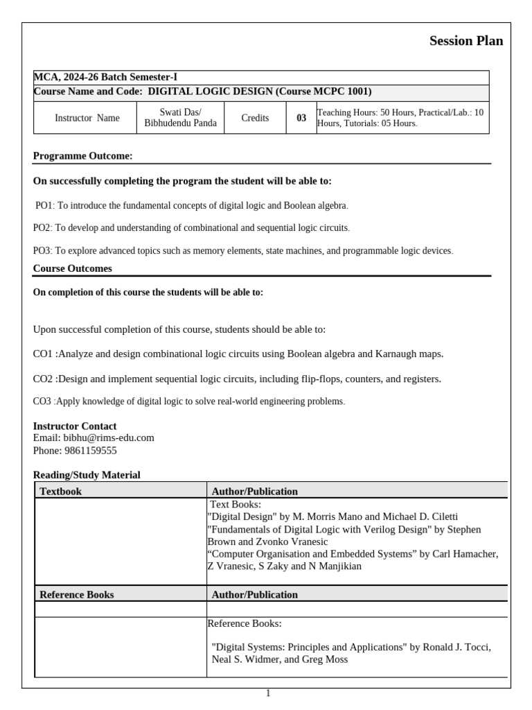 Digital Logic Session Plan | PDF | Computer Memory | Random Access Memory