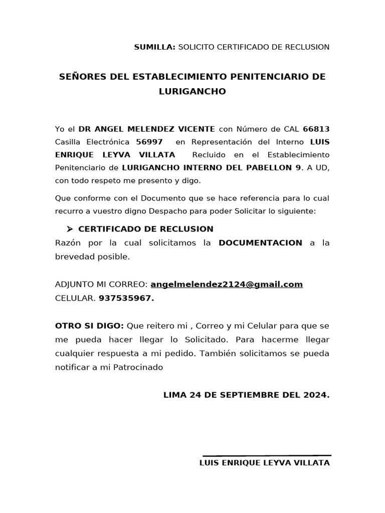 Solicito Certificado de Reclusion | PDF