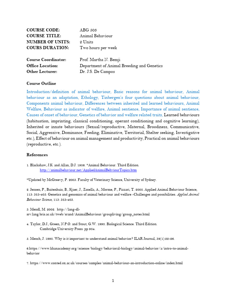 Animal Behaviour Course Overview | PDF | Ethology | Behavior