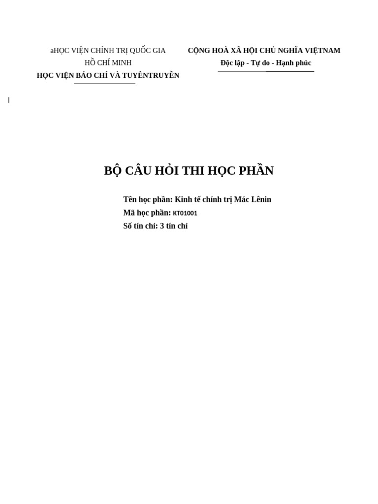 Ngân Hàng Câu Hỏi Thi KTCT 3 Tín 1A. Đã Chỉnh Sửa T3 - 2024 | PDF