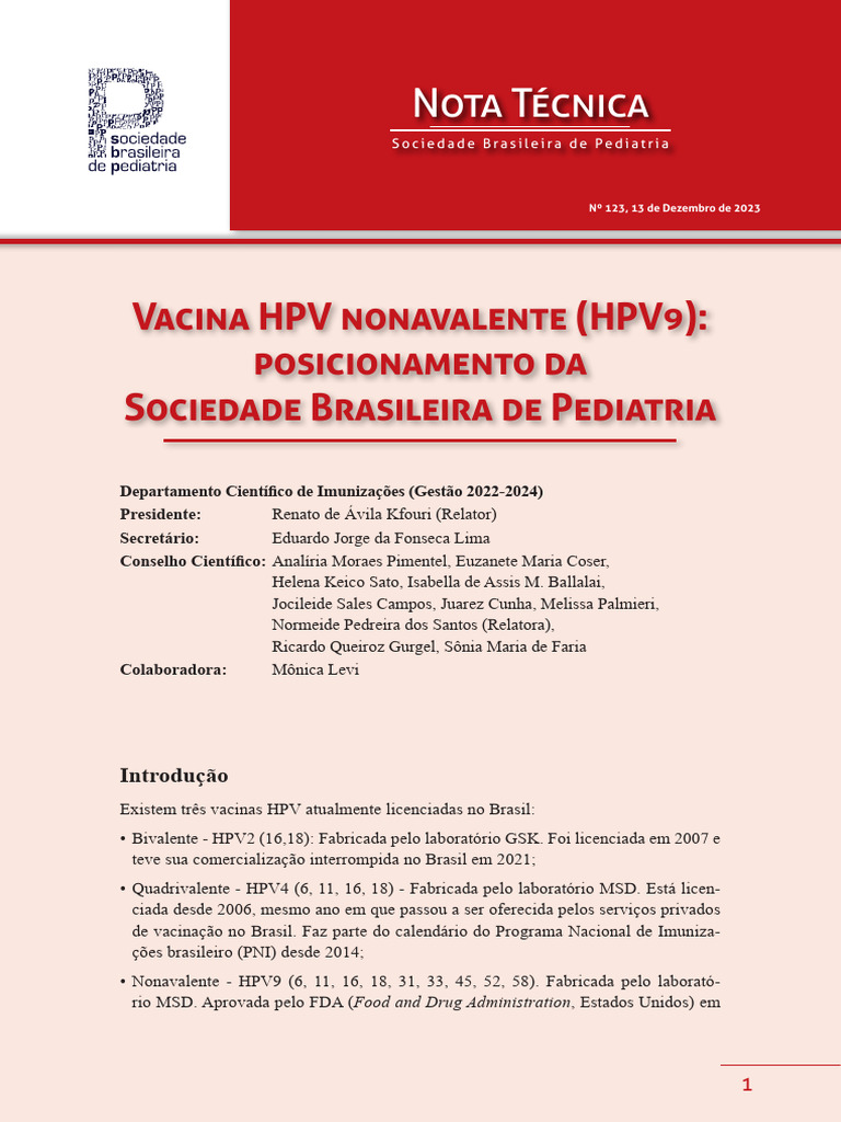 24334d-NT Vacina HPV Nonavalente HPV9 Posicionamento SBP | PDF | Câncer cervical | Saúde pública