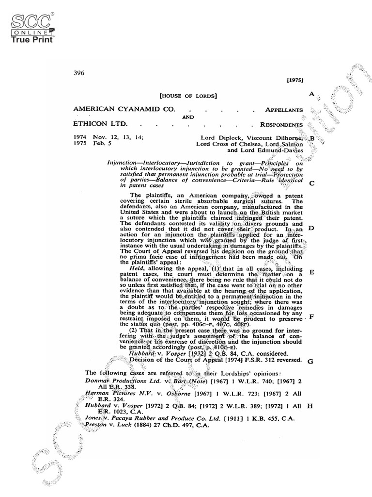 American Cyanamid Co. v. Ethicon Ltd. 1975 All ER (HOL) - Prima Facie ...