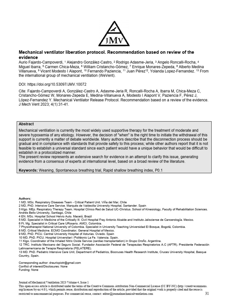 Mechanical Ventilator Liberation Protocol Recommen | PDF | Blood ...