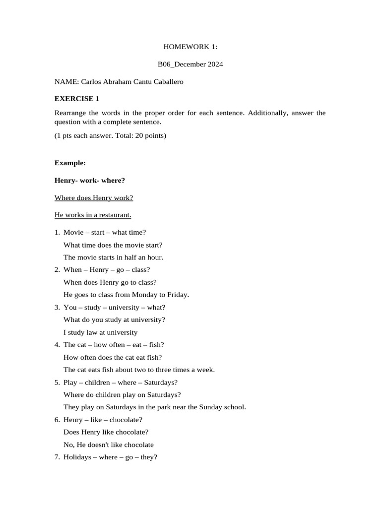 Sentence Rearrangement Homework Exercise | PDF