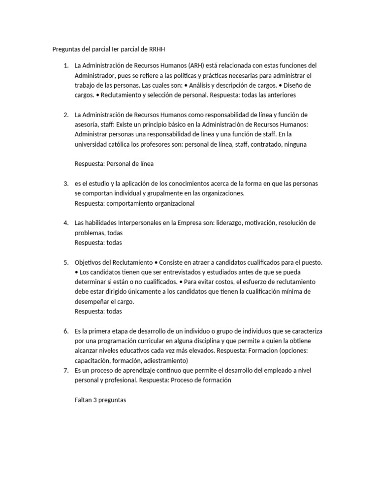 Preguntas del parcial Ier parcial de RRHH | PDF Preguntas del parcial Ier parcial de RRHH | PDF
