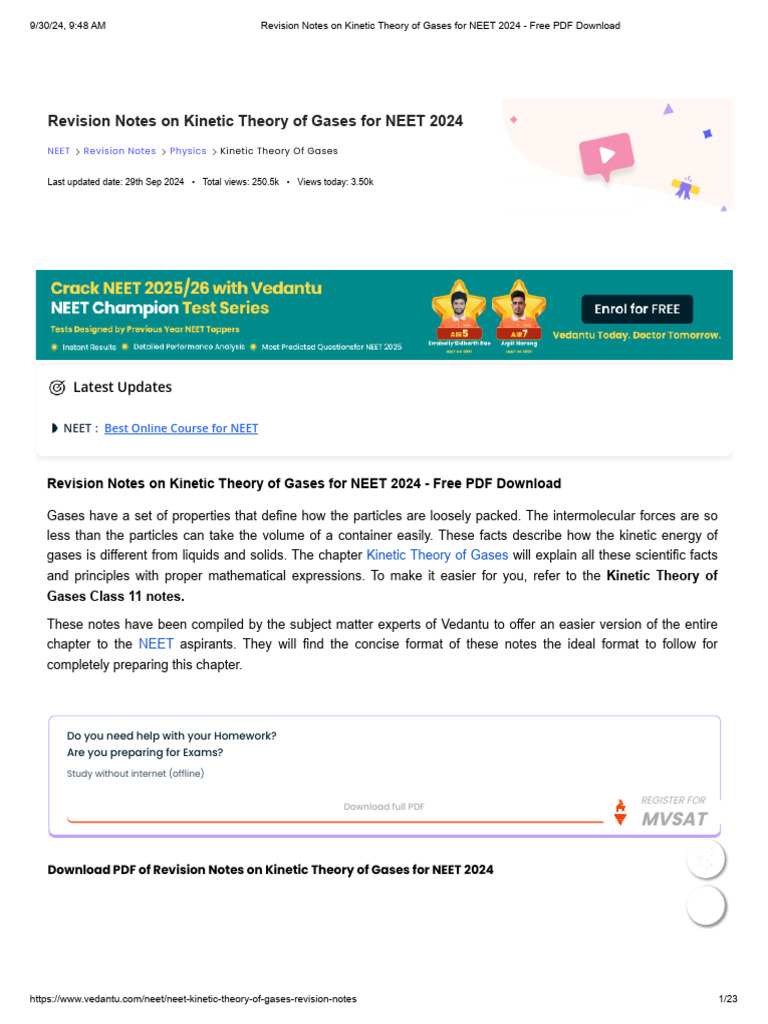 NEET 2024 Kinetic Theory Revision Notes | PDF | Gases | Temperature