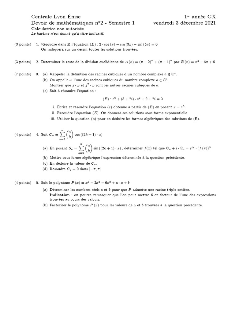 Devoir de maths 1re année GX | PDF | Zéro d'une fonction | Nombre complexe