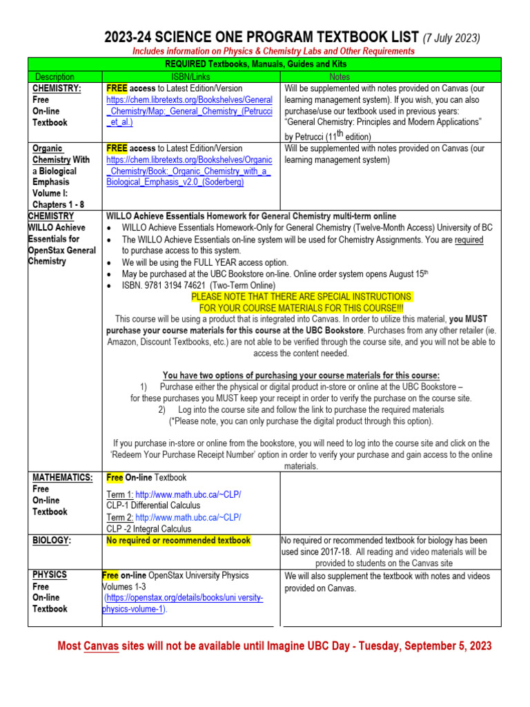 Science One 2023-24 Textbook List | PDF | Textbook | Computing