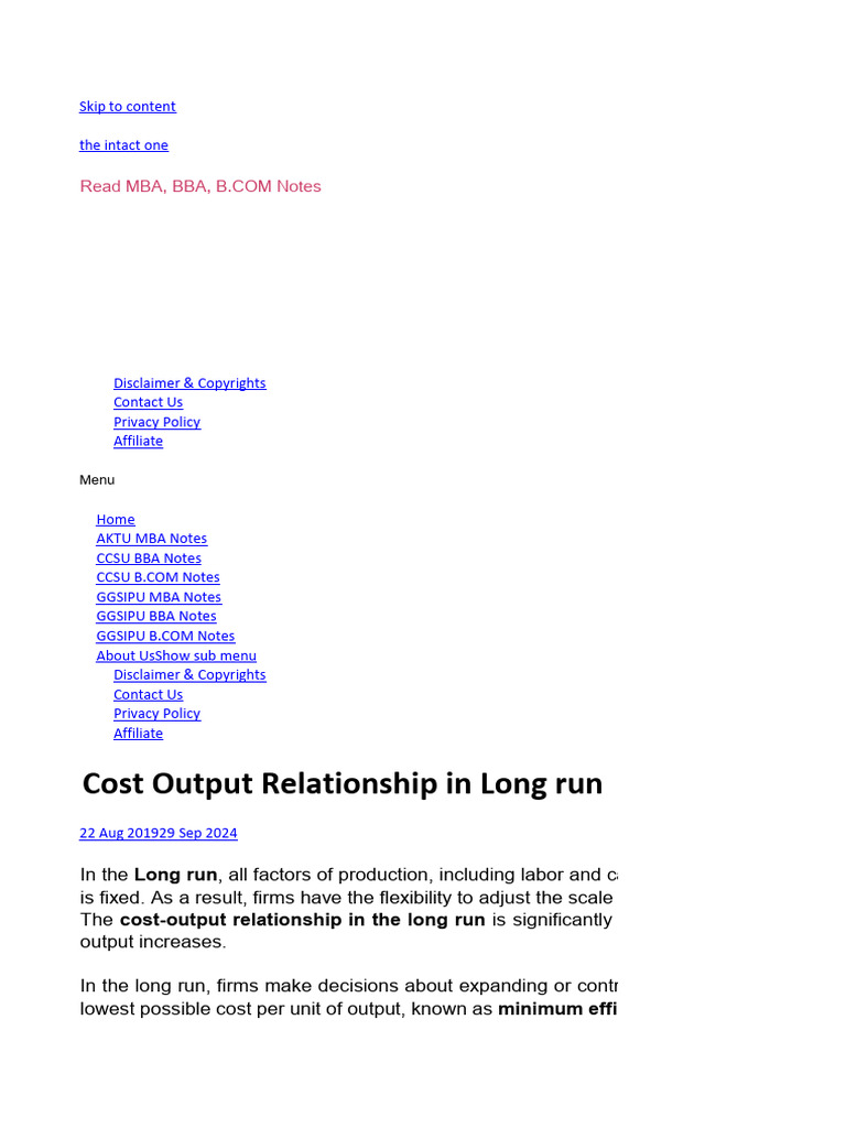 Cost Output Relationship Long | PDF | Long Run And Short Run | Average Cost