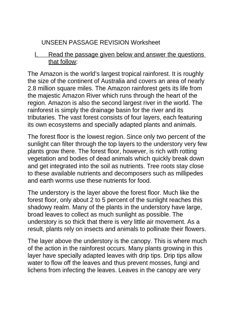 Unseen Passage on Amazon Rainforest | PDF | Rainforest | Forests